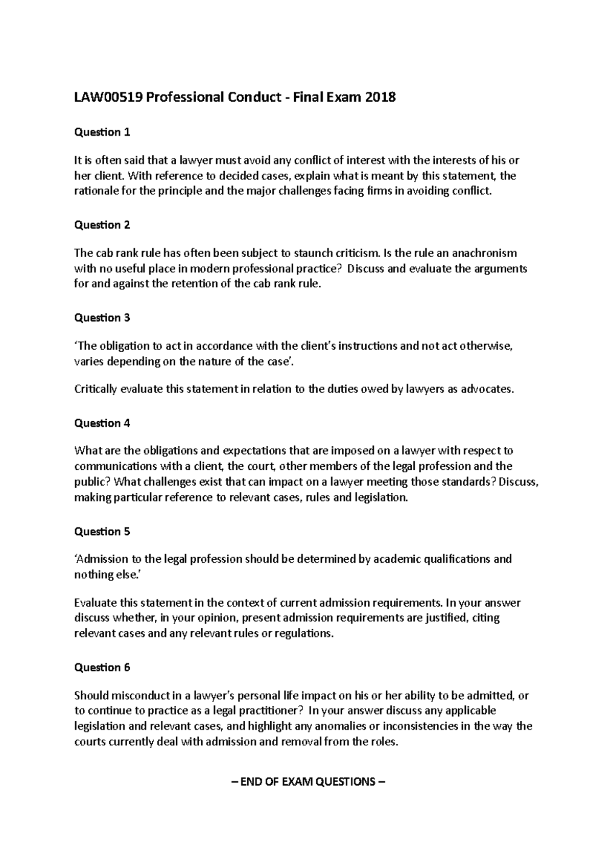 Final exam 2019, questions - LAW00519 Professional Conduct - Final Exam ...