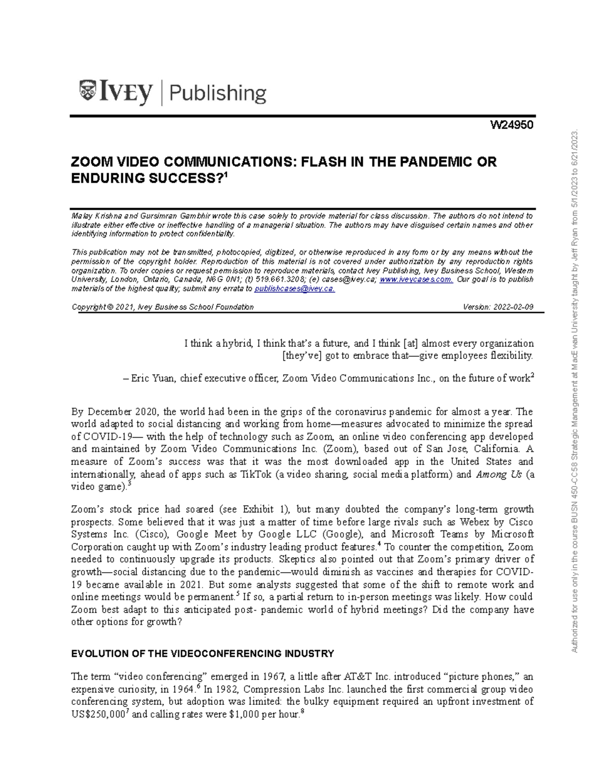 Zoom Case Analysis - Case - W ZOOM VIDEO COMMUNICATIONS: FLASH IN THE ...