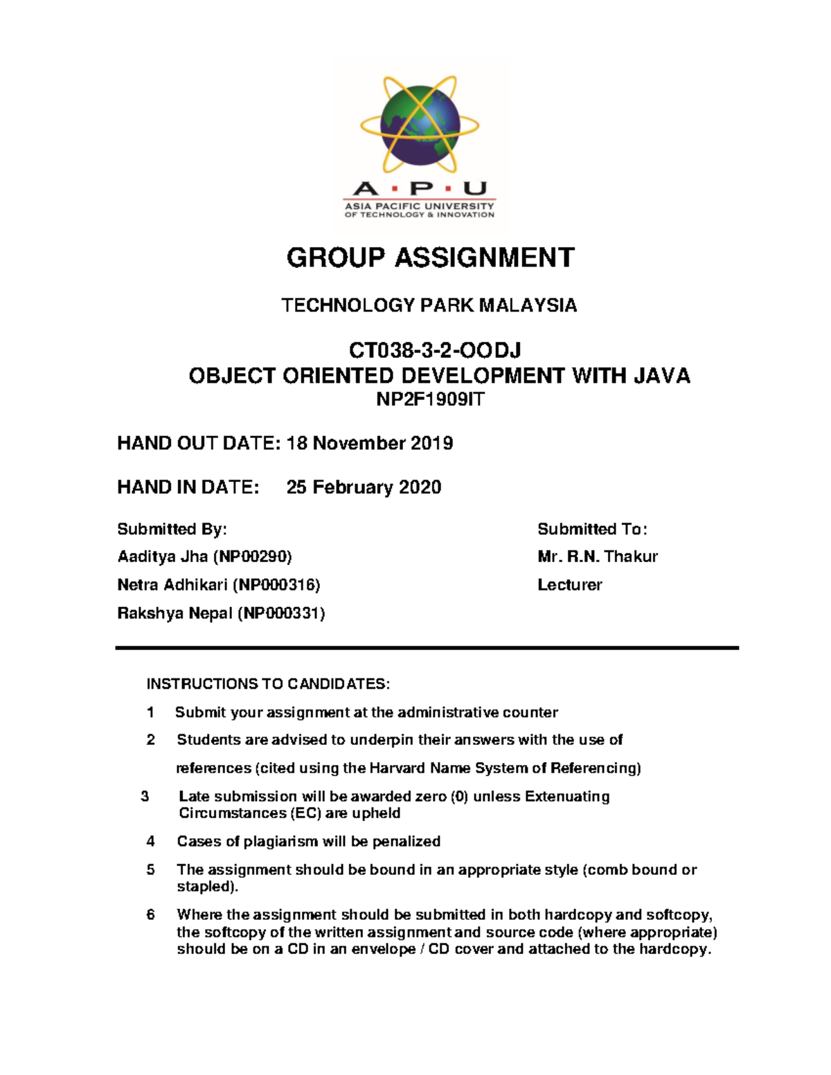 NP000290 NP000316 NP000331 CT038 3 2 OODJ - GROUP ASSIGNMENT TECHNOLOGY PARK MALAYSIA CT038-3-2 ...