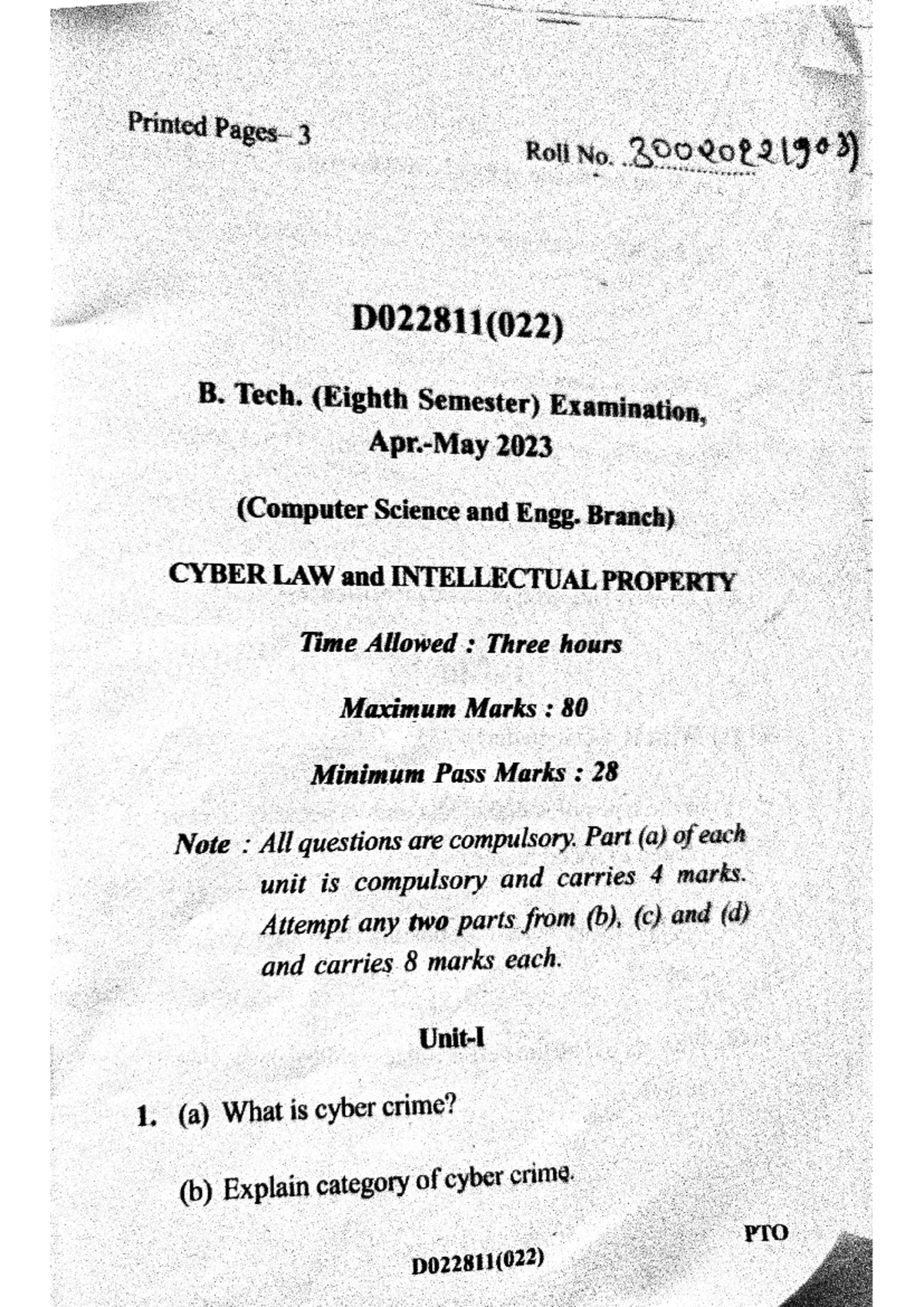 CLIP QP - cyber law question paper - B.Tech Computer Science and Engineering - Studocu