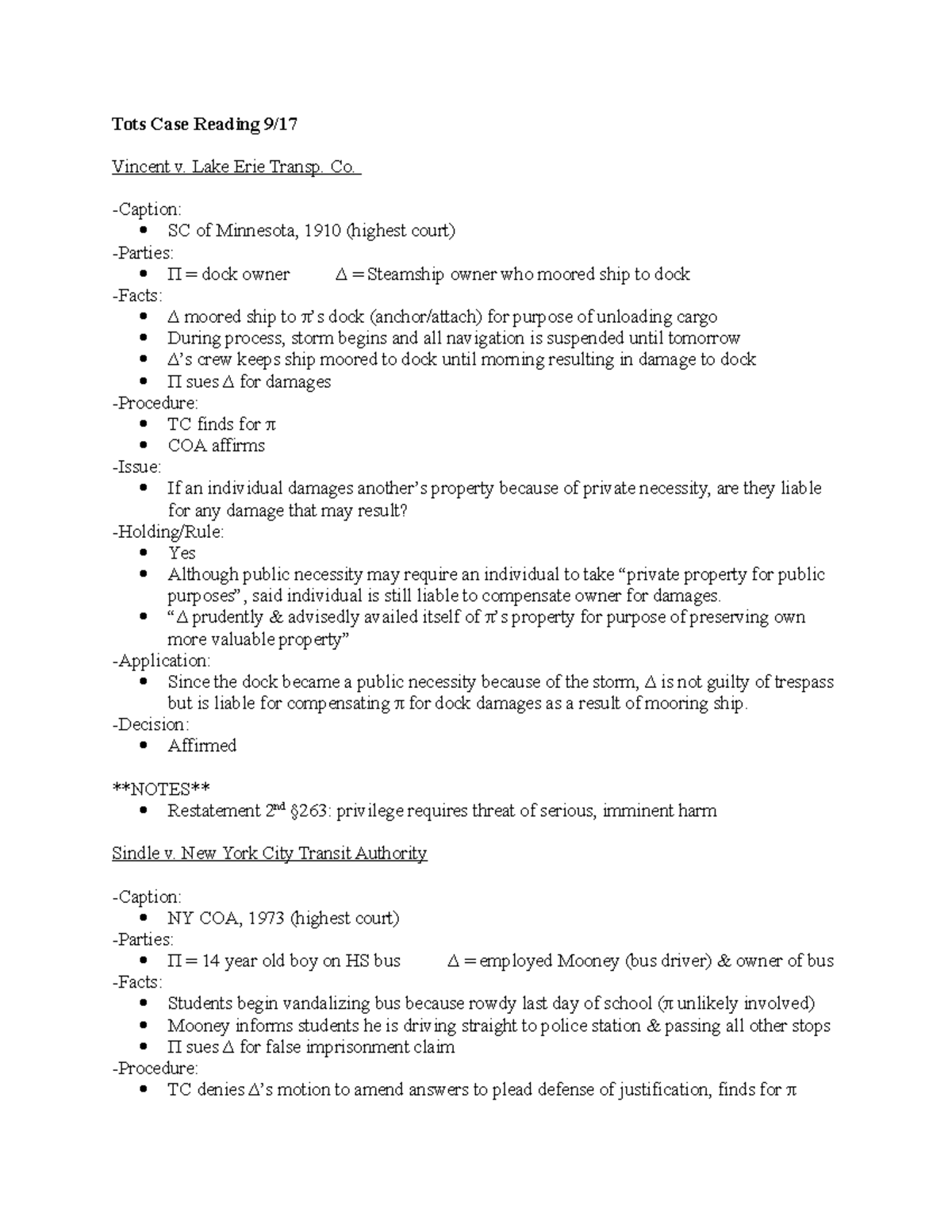 Tots Case Reading 9:17 - Tots Case Reading 9/ Vincent v. Lake Erie ...