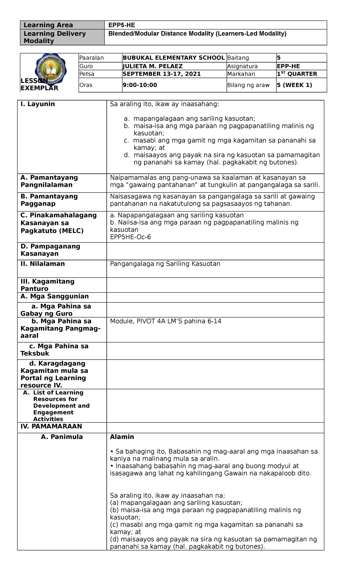 EPP5-HE Q1 WEEK 1 Lesson Exemplar - Learning Area EPP5-HE Learning ...