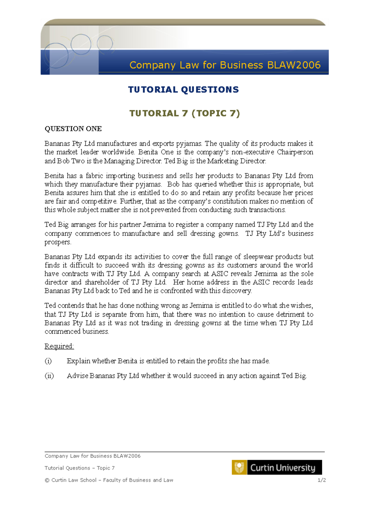 BLAW2006 Tutorial Questions Topic 7 - Company Law for Business BLAW ...
