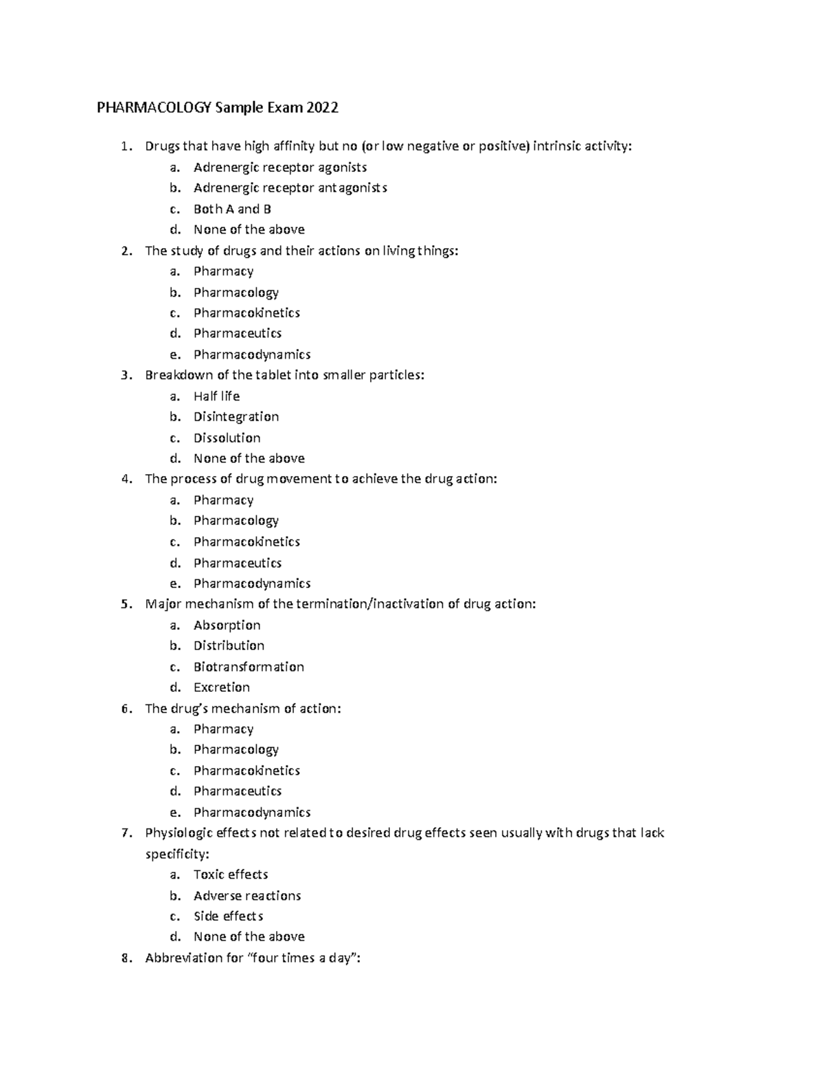 Pharmacology Sample Exam - PHARMACOLOGY Sample Exam 2022 Drugs that ...