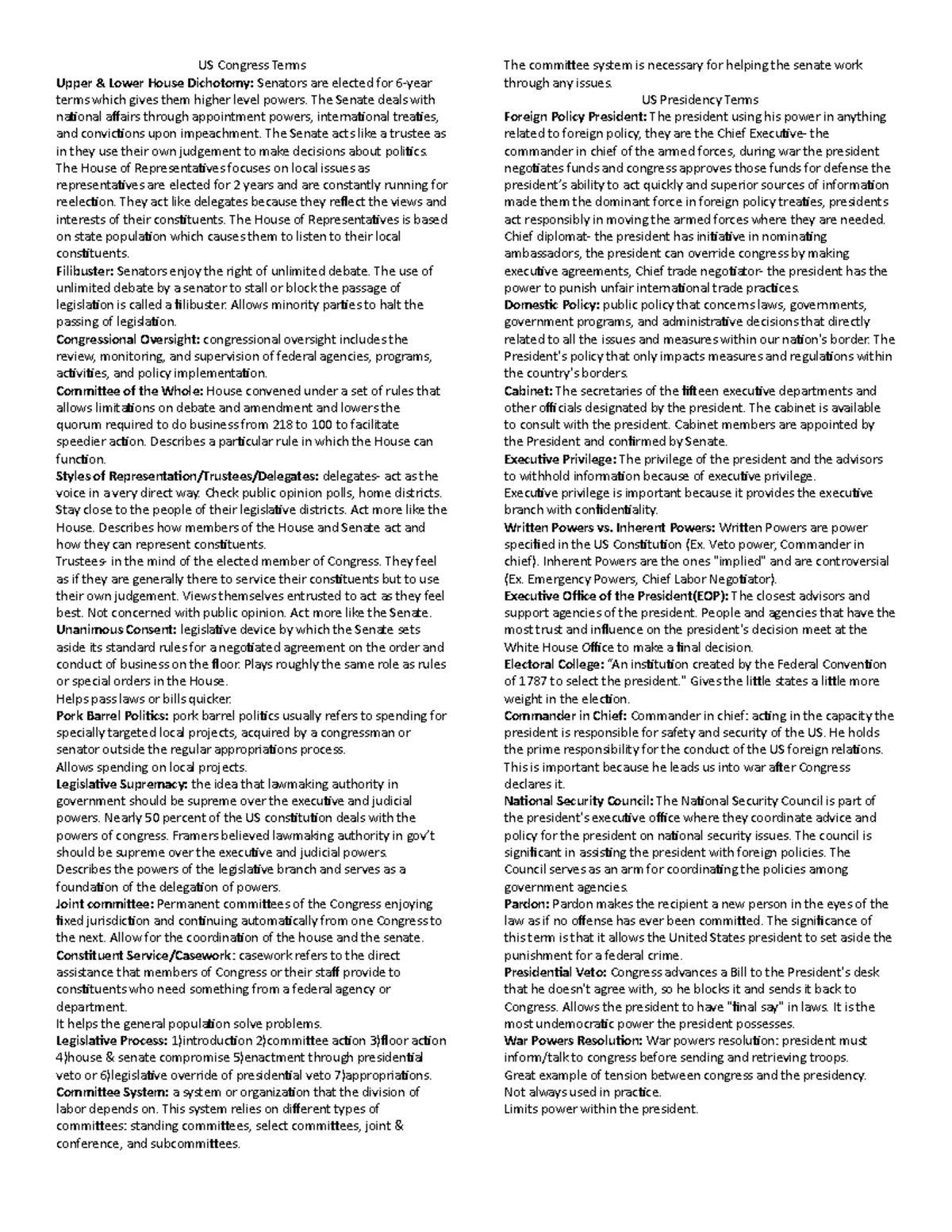Test Two Terms - US Congress Terms Upper & Lower House Dichotomy ...