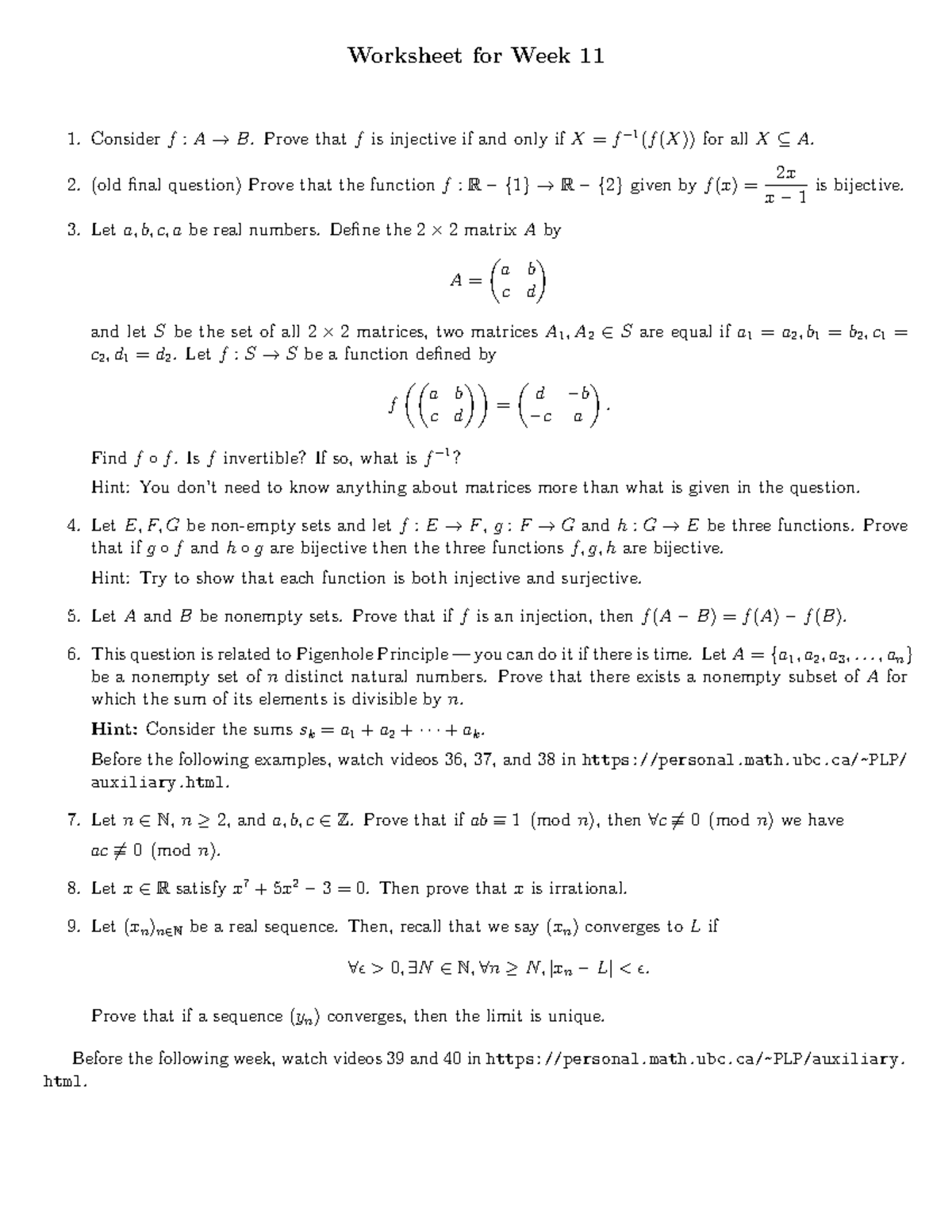 Worksheet week 11 - efawefg - Worksheet for Week 11 Consider f : A → B ...