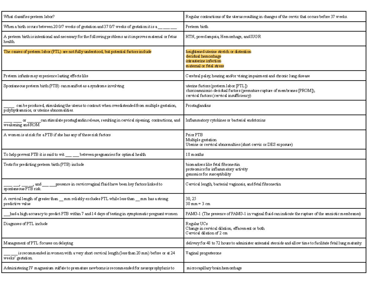 Week 5 OB based off of Durham - What classifies preterm labor? Regular ...