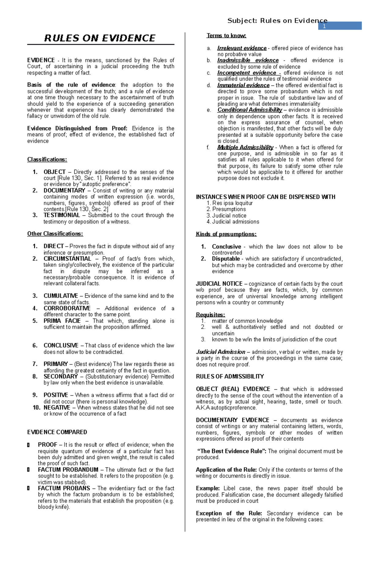 notes in criminal evidence - 1 RULES ON EVIDENCE EVIDENCE - It is the ...