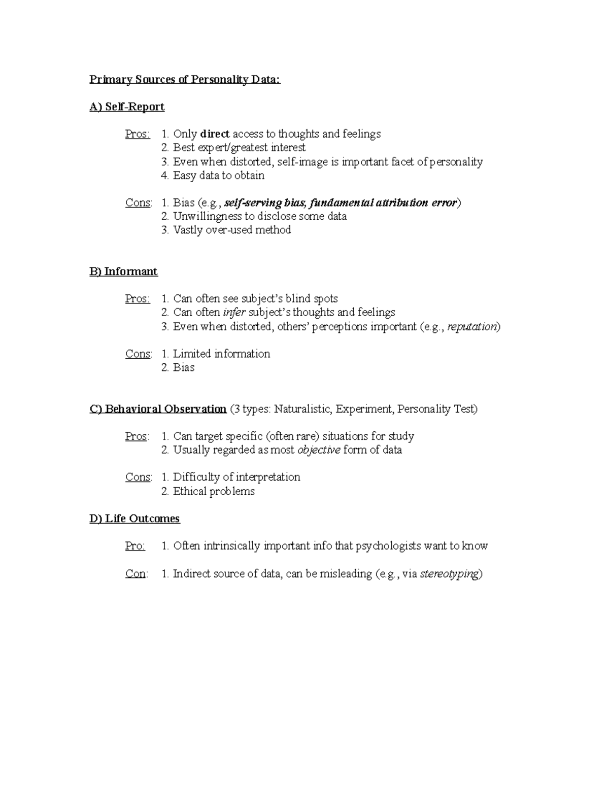 PSYC 120 Primary Sources of Personality Data - Primary Sources of ...