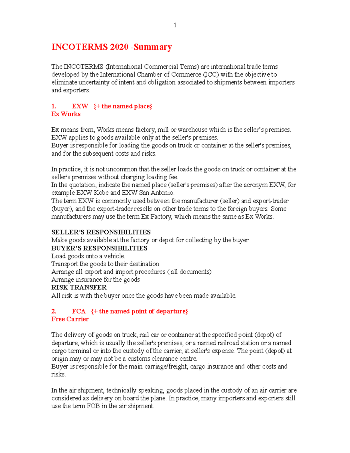 Chapter 3 Incoterms 2020 - My lecure - INCOTERMS 2020 -Summary The ...
