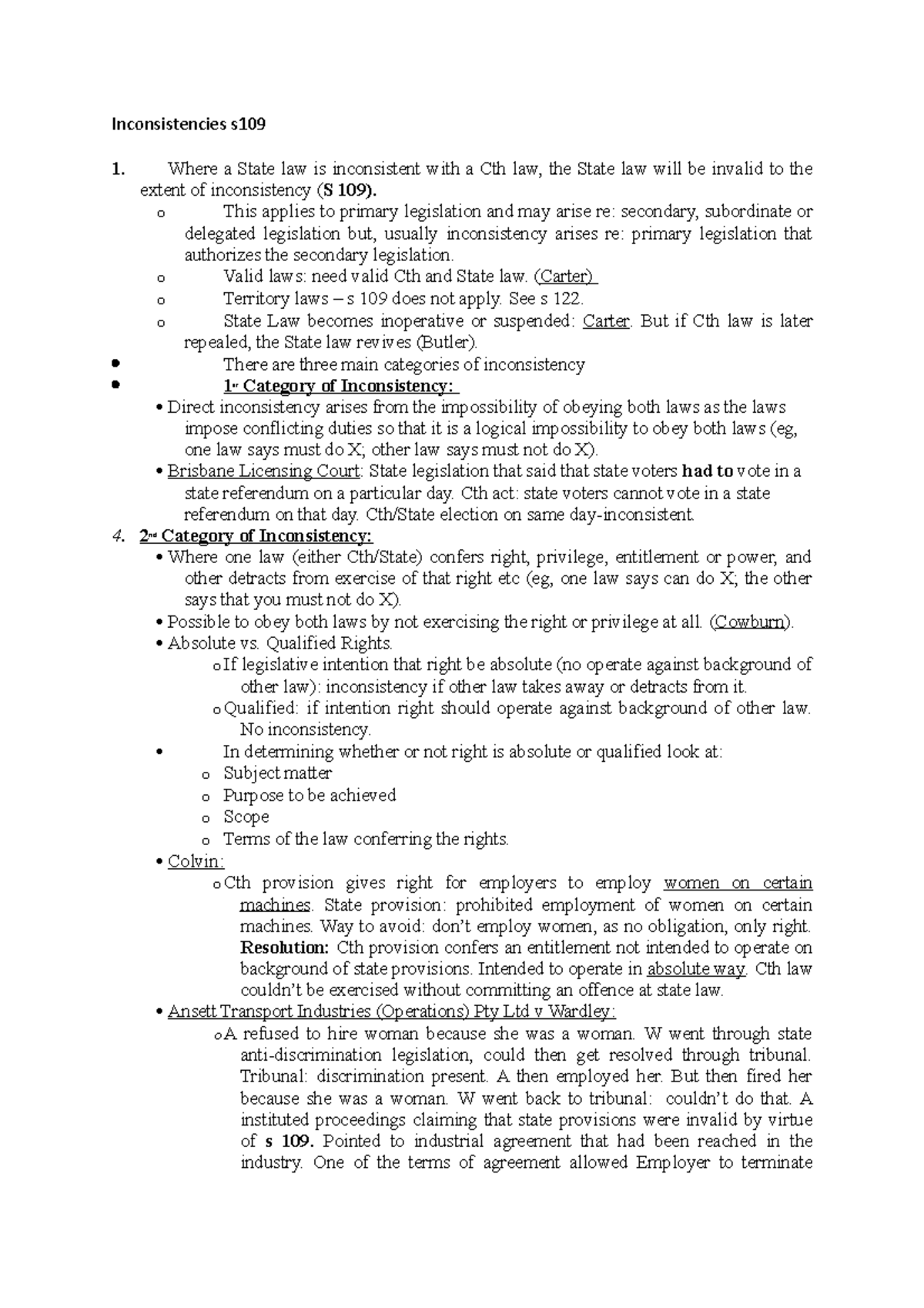 Inconsistencies s109 - Administration Law - Inconsistencies s 1. Where ...