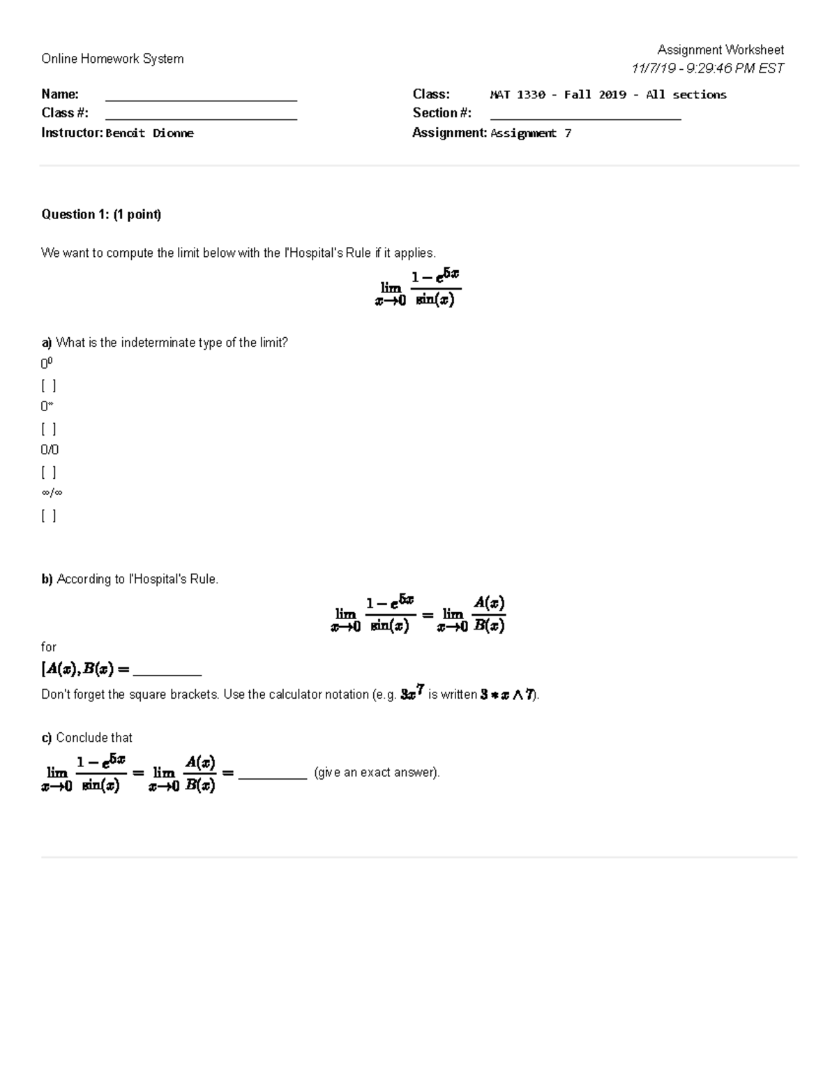 Mobius 7 assignment - Online Homework System Assignment Worksheet 11/7 ...