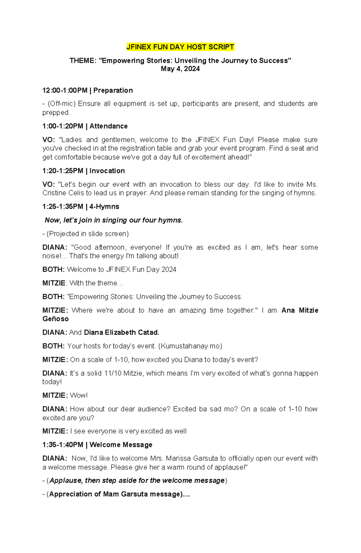 Jfinex-FUN-DAY-HOST- JFINEX FUN DAY HOST SCRIPT THEME: "Empowering ...