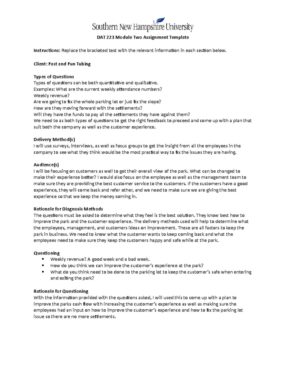Dat 223 Module Two Assignment 1 Client Fast And Fun Tubing Types Of Questions Types Of
