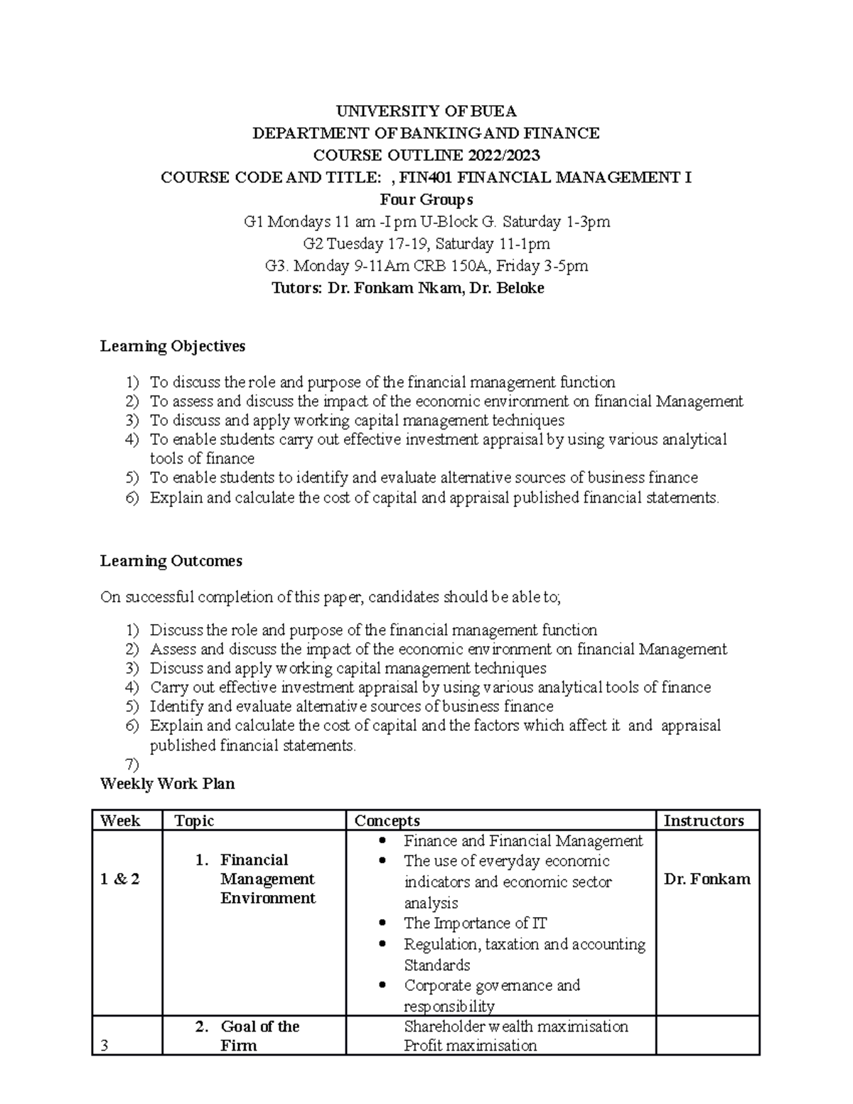 FIN401 Course Outline - cdff - UNIVERSITY OF BUEA DEPARTMENT OF BANKING ...