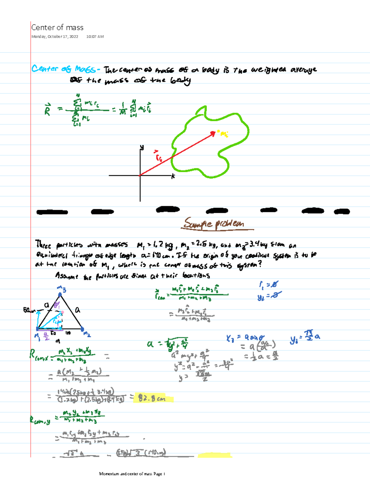 Momentum and center of mass - PHY 4A - Center of mass Monday, October ...