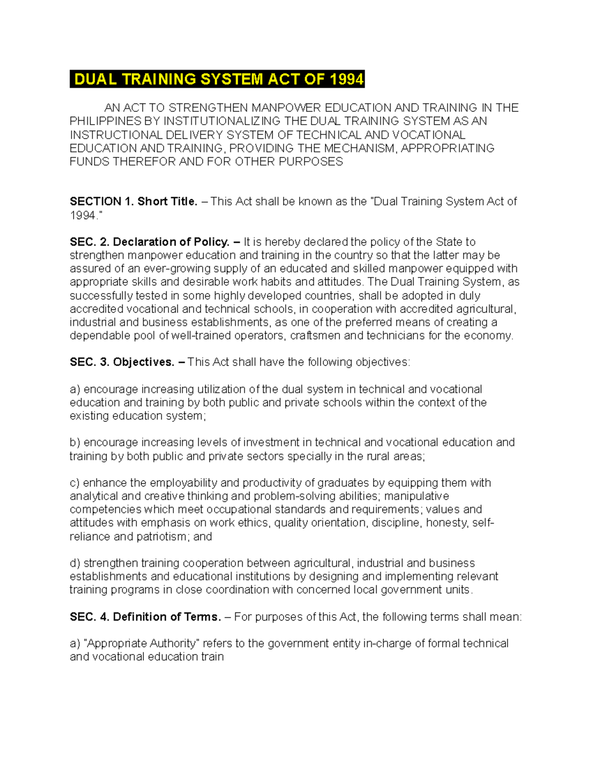 DUAL Training System ACT OF 1994 - DUAL TRAINING SYSTEM ACT OF 1994 AN ...