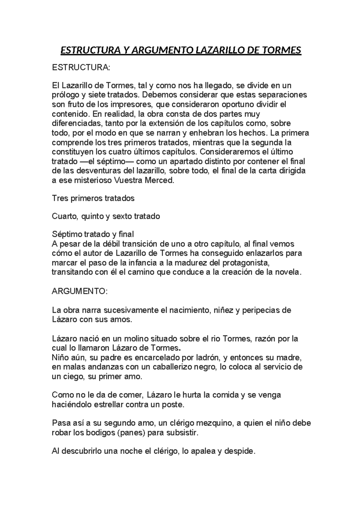 Estructura Y Argumento Lazarillo DE Tormes - ESTRUCTURA Y ARGUMENTO ...