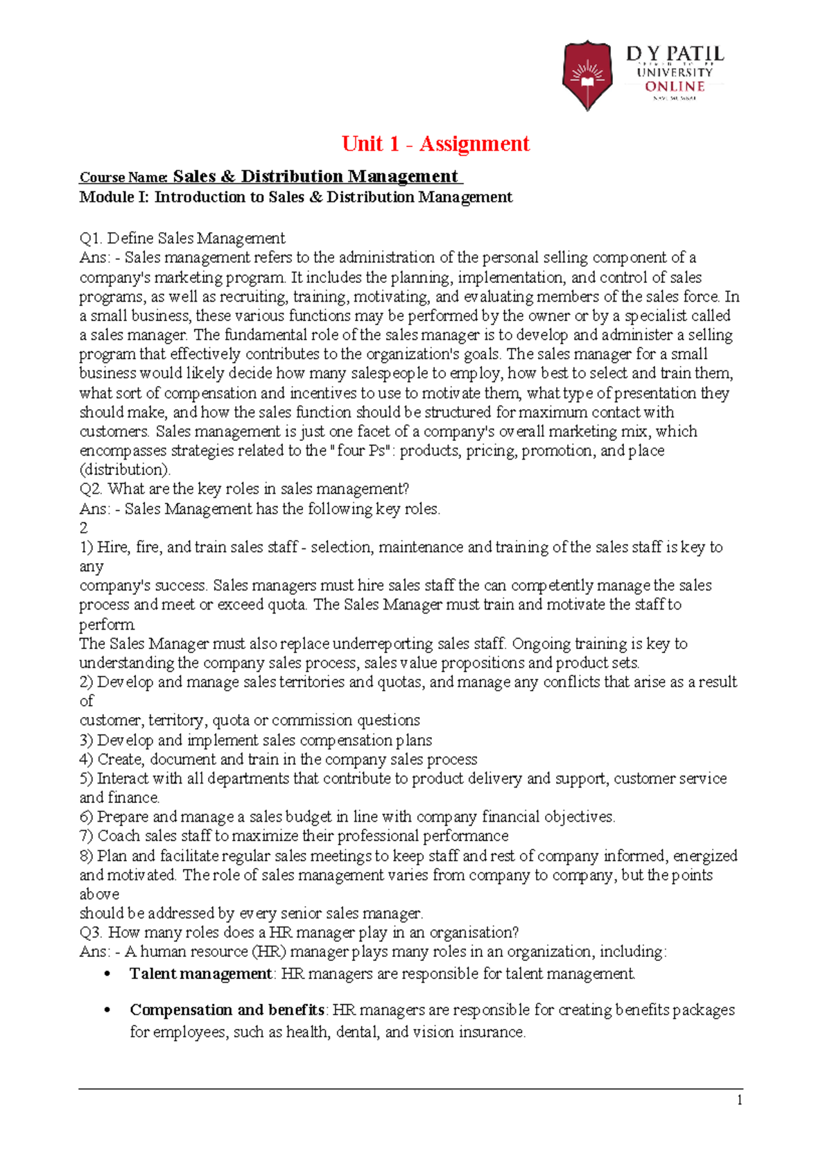 Module 1 Assignment - sddgddgfgf - Unit 1 - Assignment Course Name: Sales & Distribution - Studocu