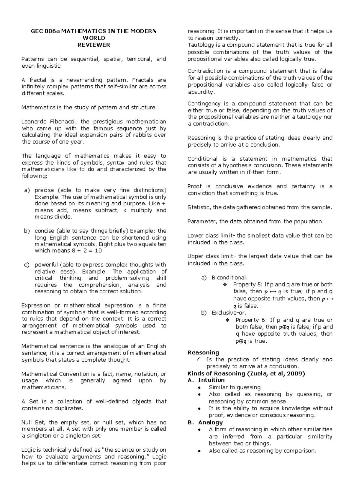 GEC-006a-Reviwer - lecture notes - GEC 006a MATHEMATICS IN THE MODERN ...