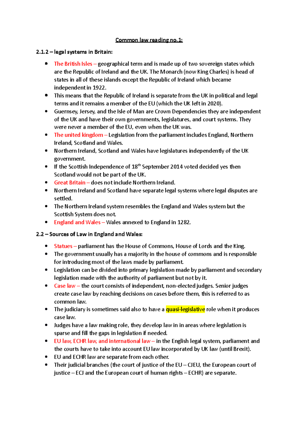 Reading notes - Common law reading no: 2.1 – legal systems in Britain ...