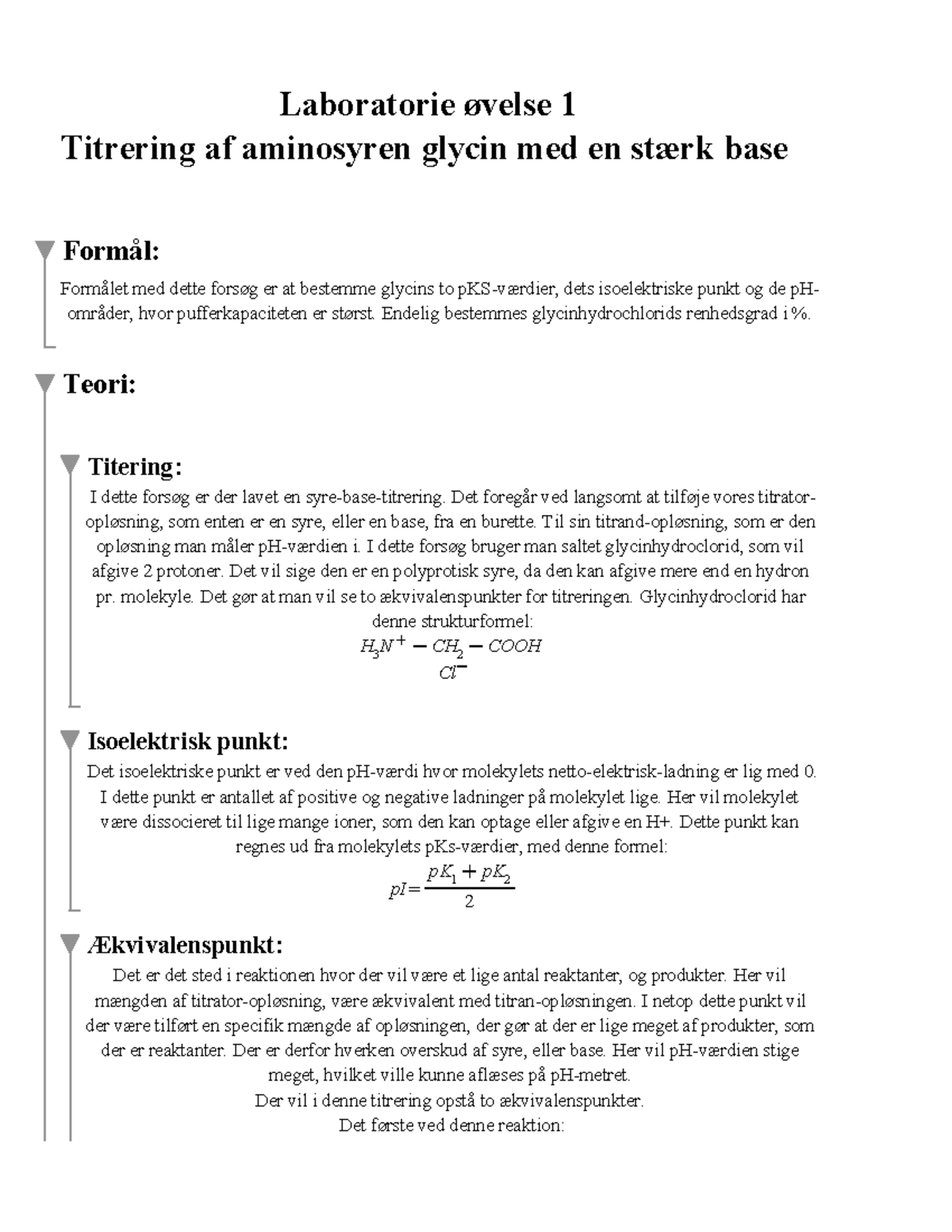 Titering af aminosyren glycin med en stærk base - Laboratorie øvelse 1 ...