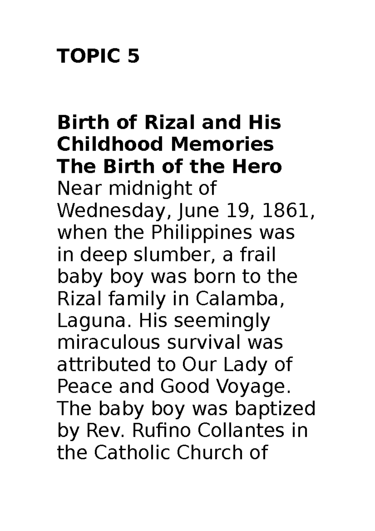Rizal's Work (Topic 5) - notes - TOPIC 5 Birth of Rizal and His ...