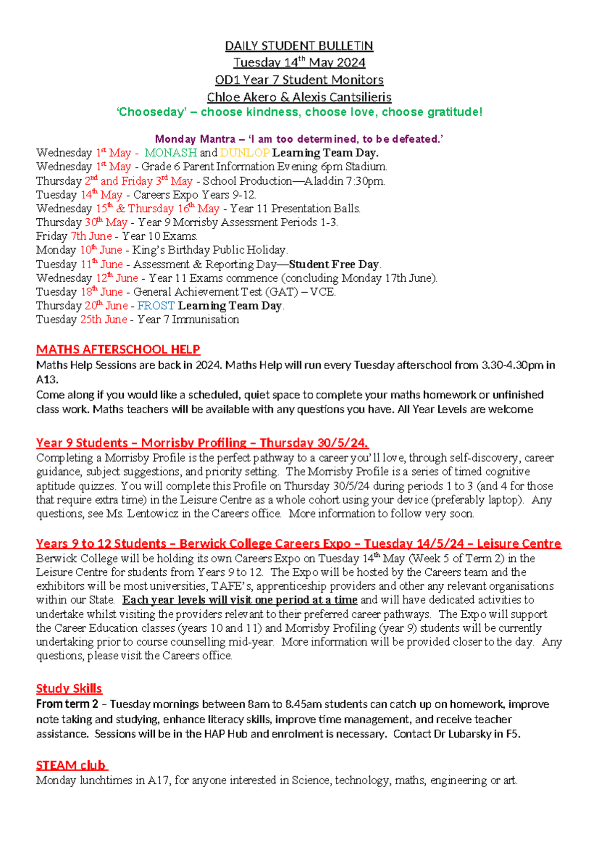 Daily Student Bulletin - Tuesday - DAILY STUDENT BULLETIN Tuesday 14 th ...