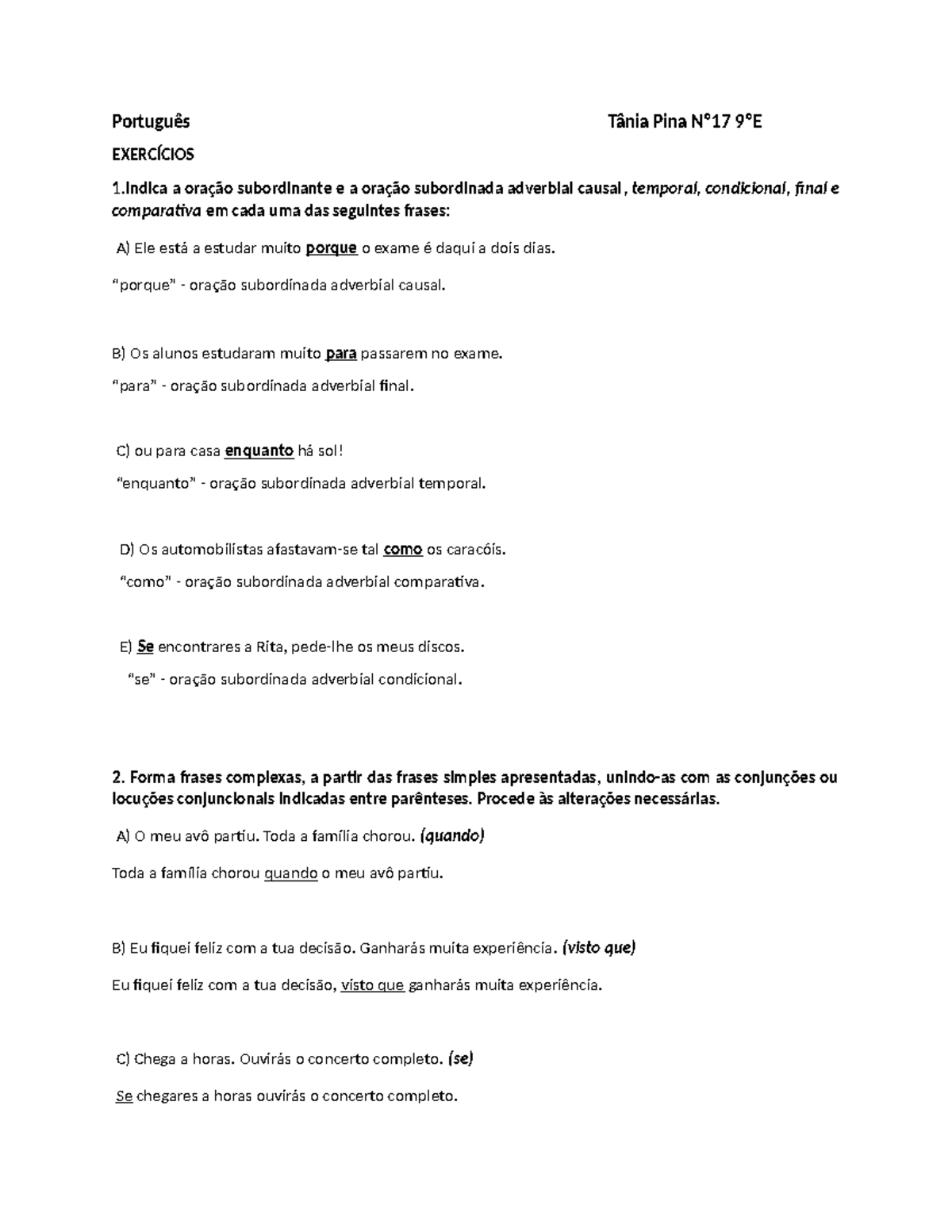 Ficha sobre frase complexa Respostas - Português Tânia Pina Nº17 9ºE ...