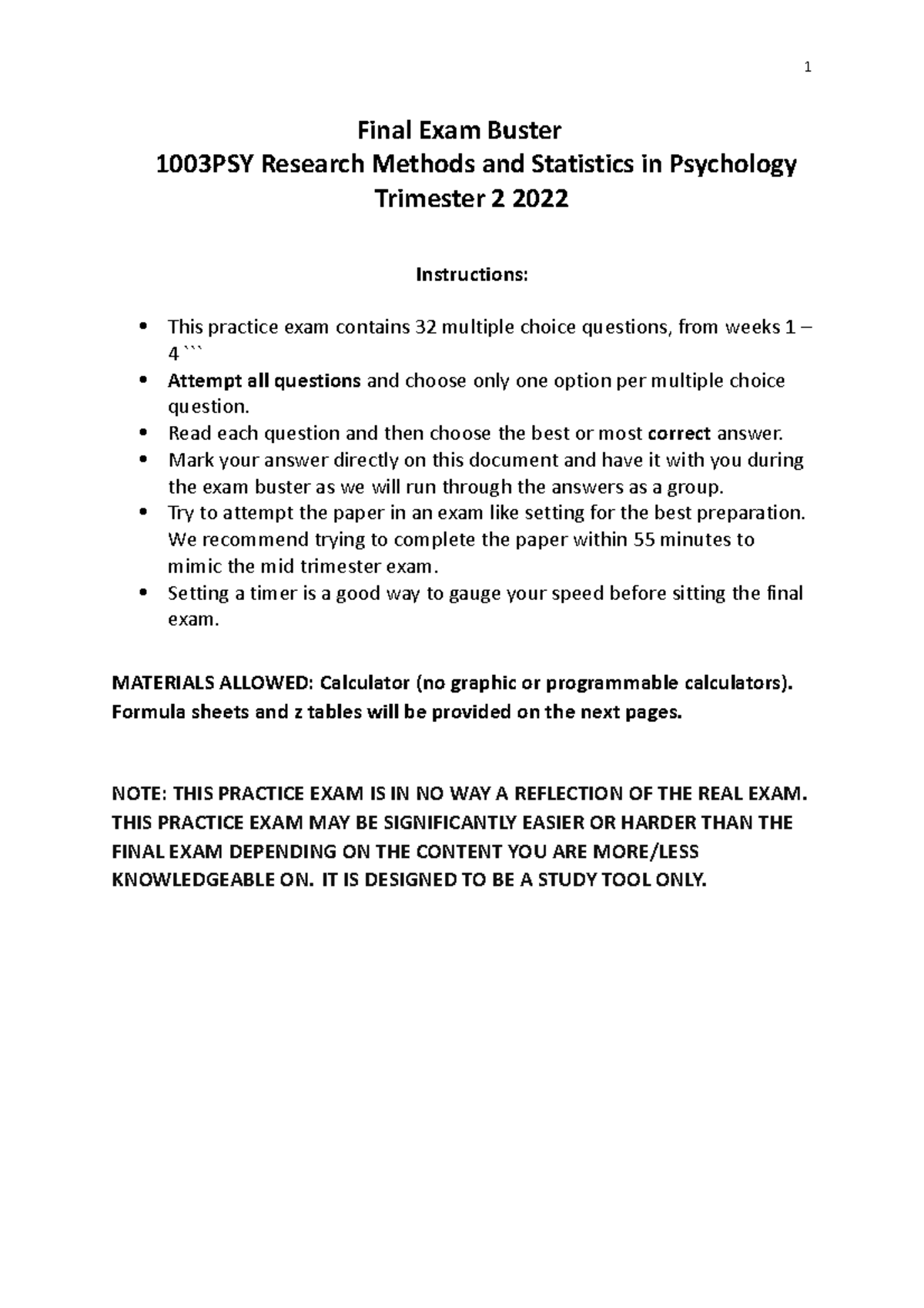 1003PSY Mid Trimester Exam Buster - Final Exam Buster 1003PSY Research ...