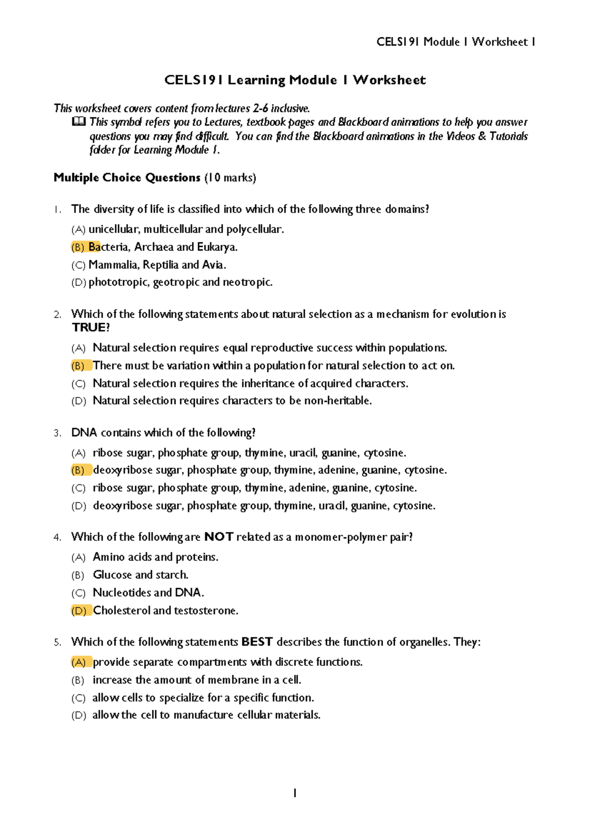 Module 1 worksheet 1 - CELS191 Learning Module 1 Worksheet This worksheet covers content from ...