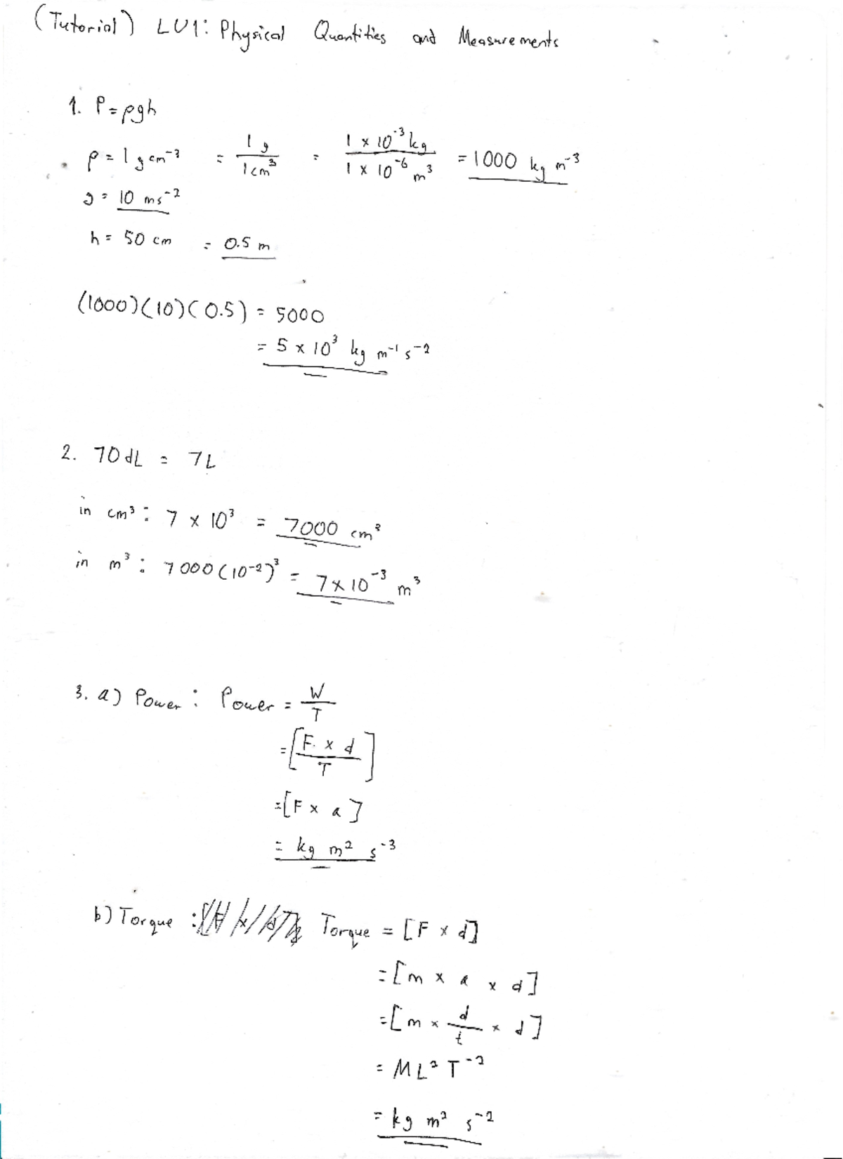 Tutorial LU1 physics - (Tutorial) LUI: Physical Quantities and ...