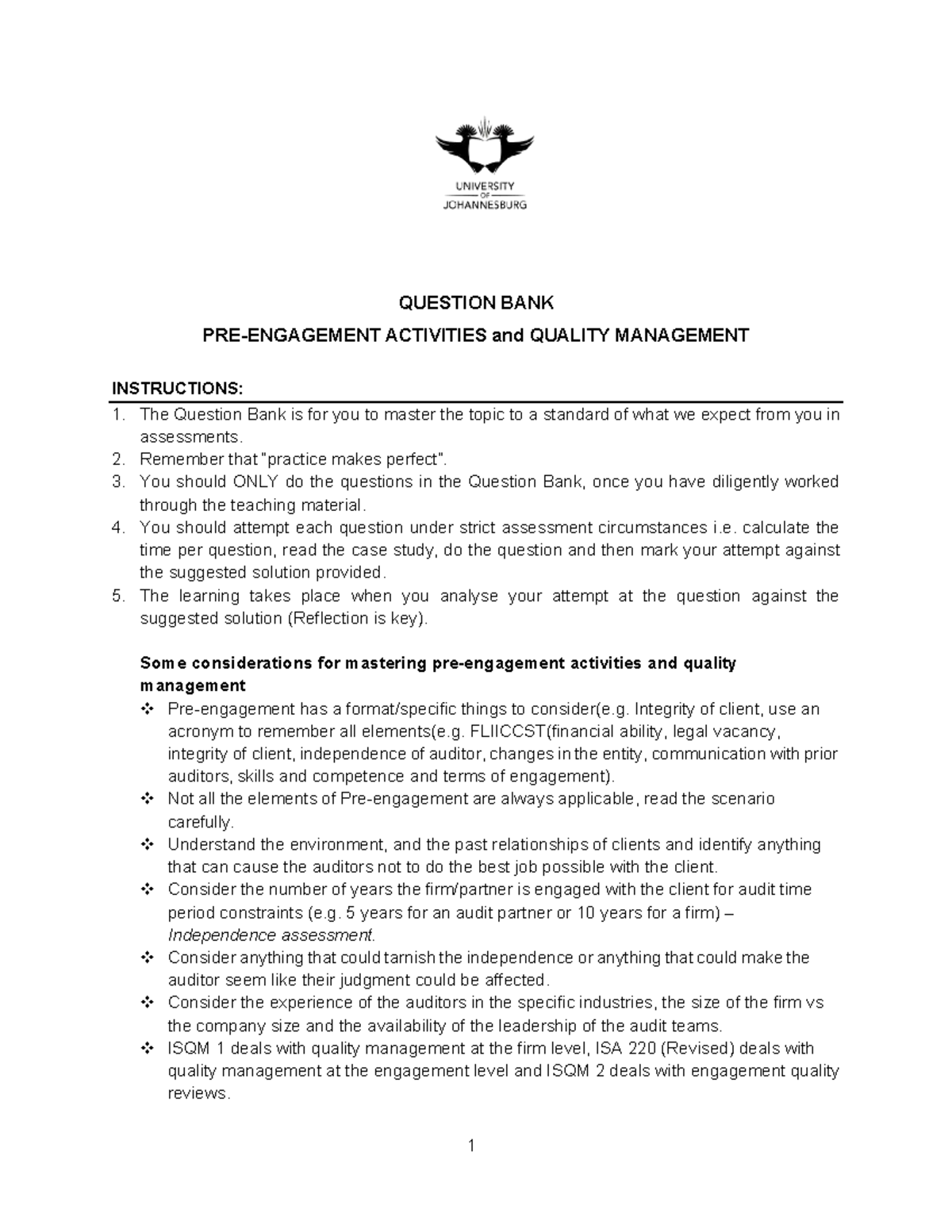 Pre-Engagement Activities and Quality Management - Question Bank ...