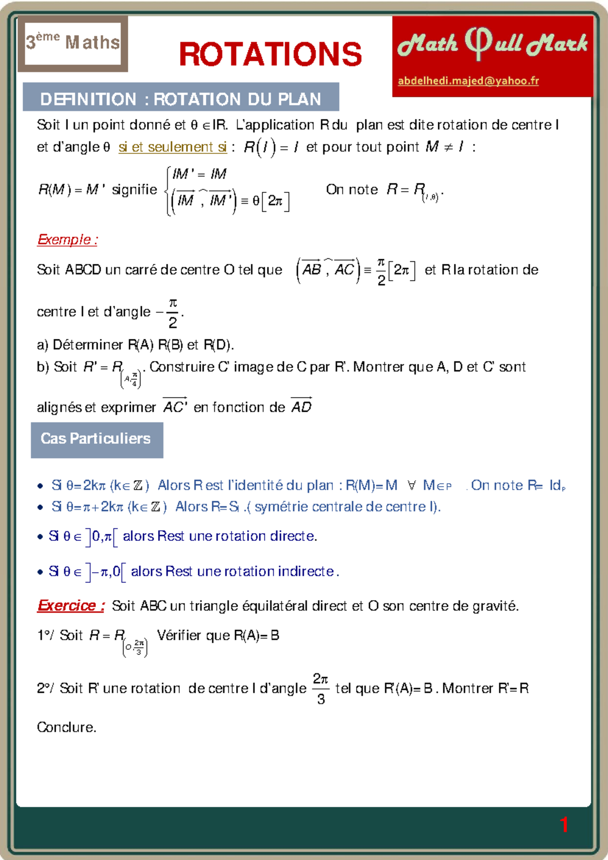 Roration cours 3ème - rotation - Soit I un point donné et IR. L ...