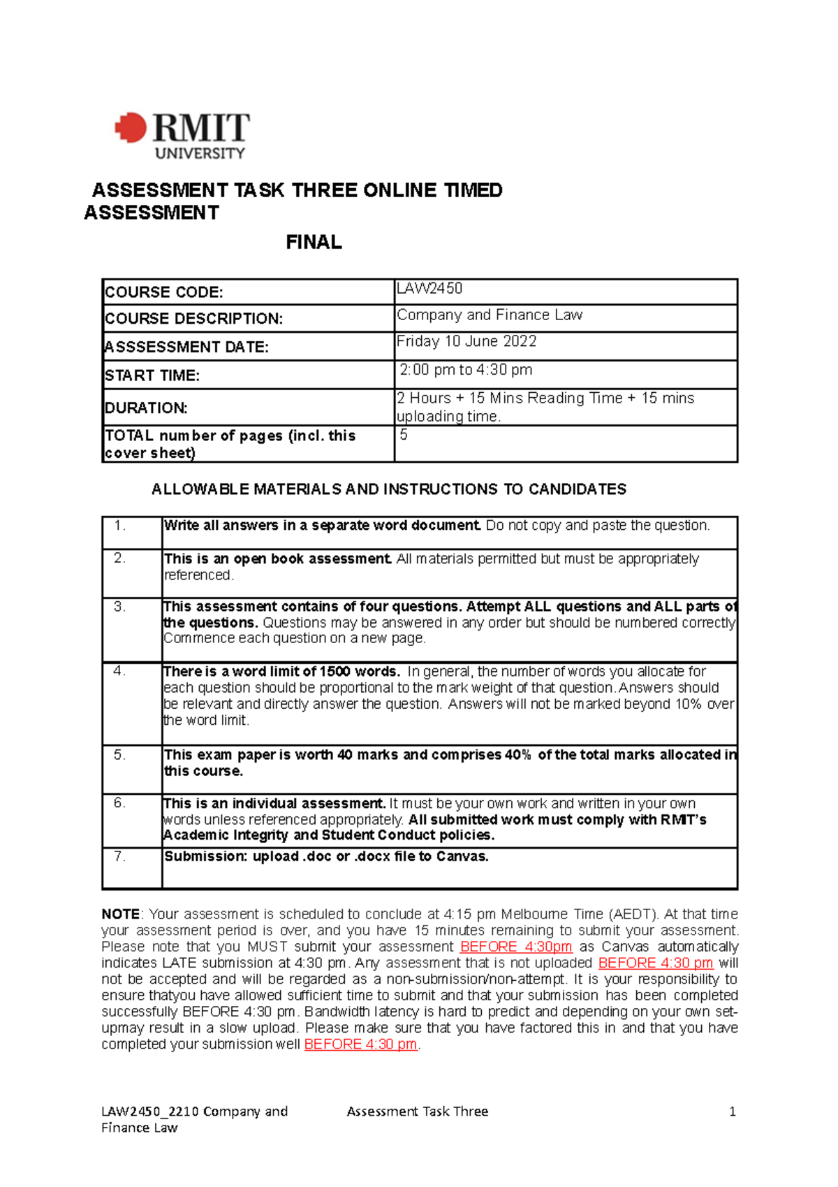 Company AND Finance LAW Semester 1 2022 Final EXAM - ASSESSMENT TASK THREE ONLINE TIMED ...