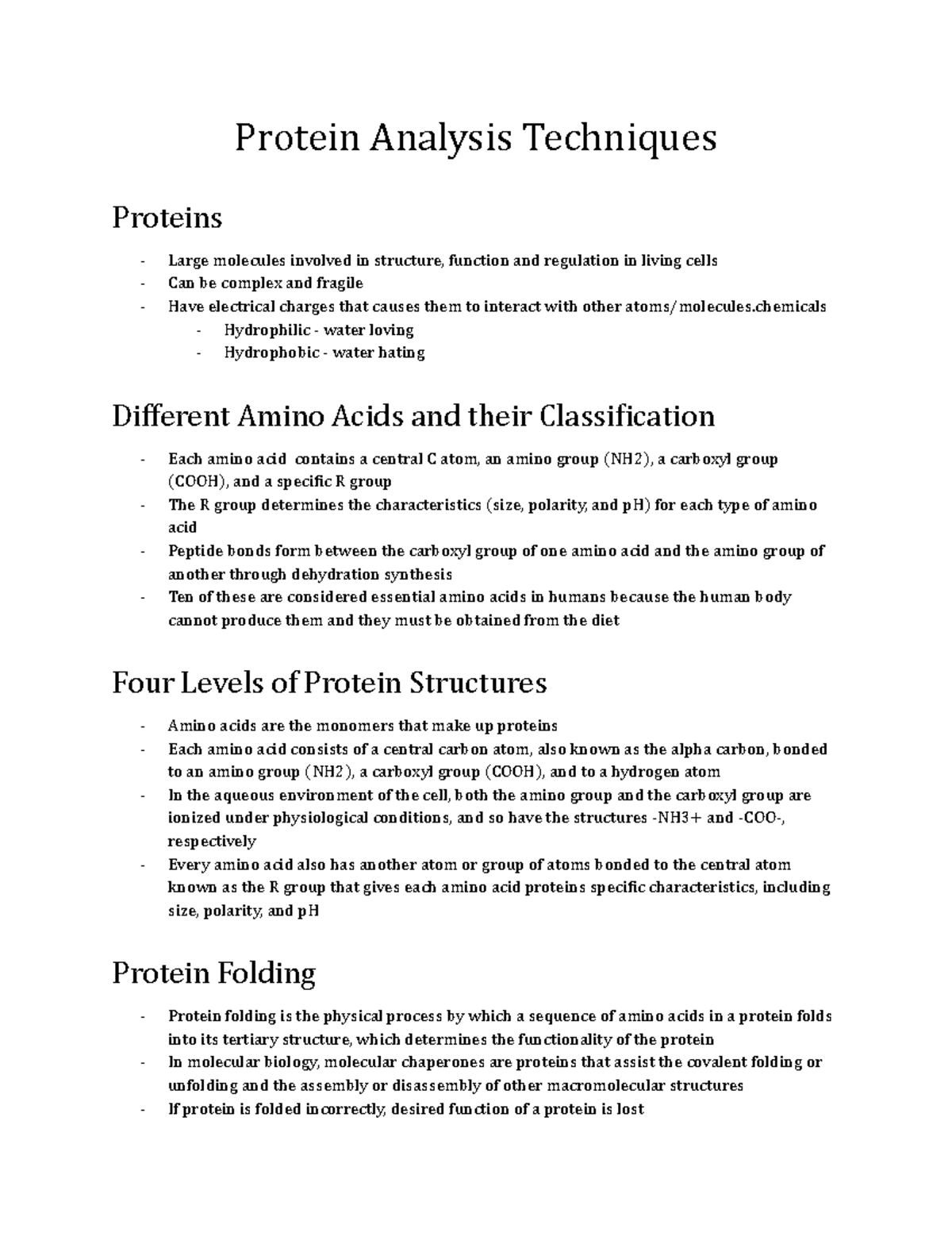 Biotechnology Week 4 - Protein Analysis Techniques Proteins Large ...