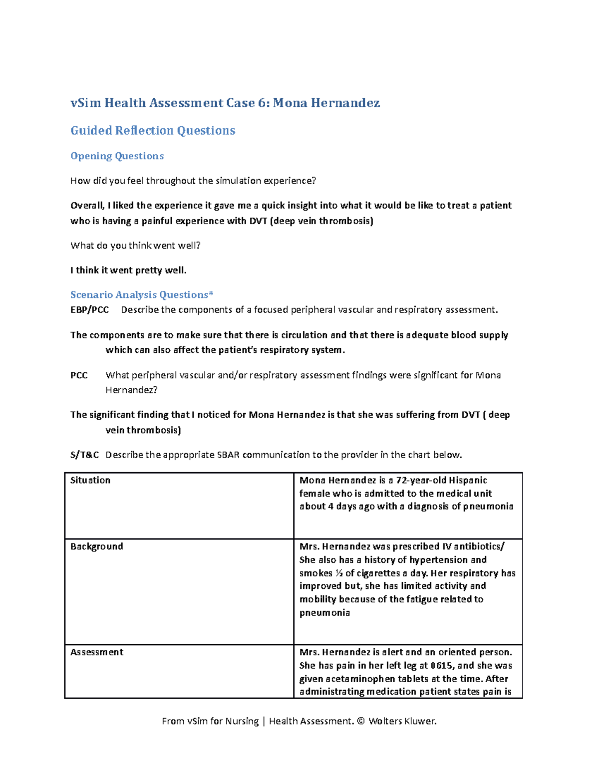 Assessment Case 06 Mona Hernandez - vSim Health Assessment Case 6: Mona ...