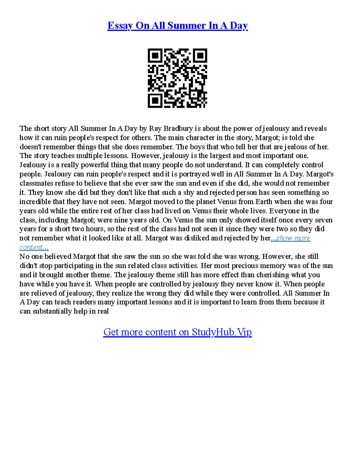 All Summer In A Day Essay - Essay On All Summer In A Day The short ...