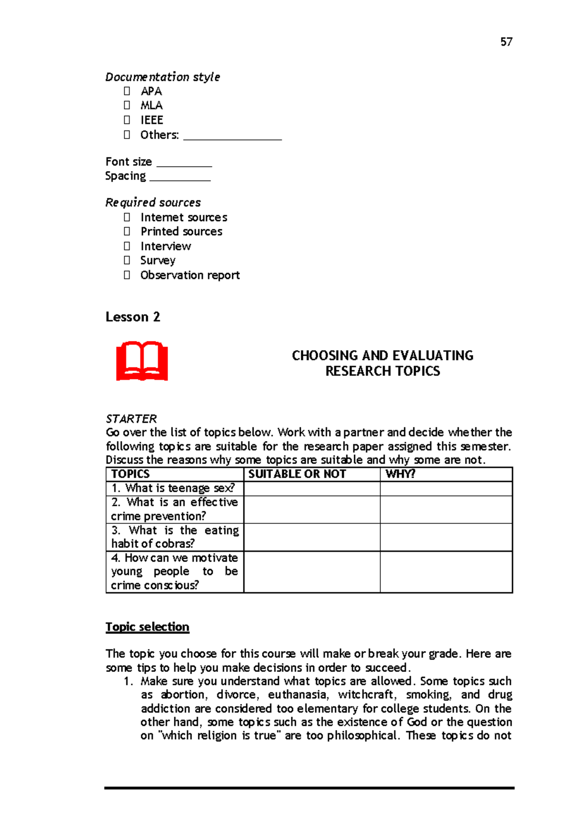 Choosing and Evaluating Research Topics - Documentation style ฀ APA ...