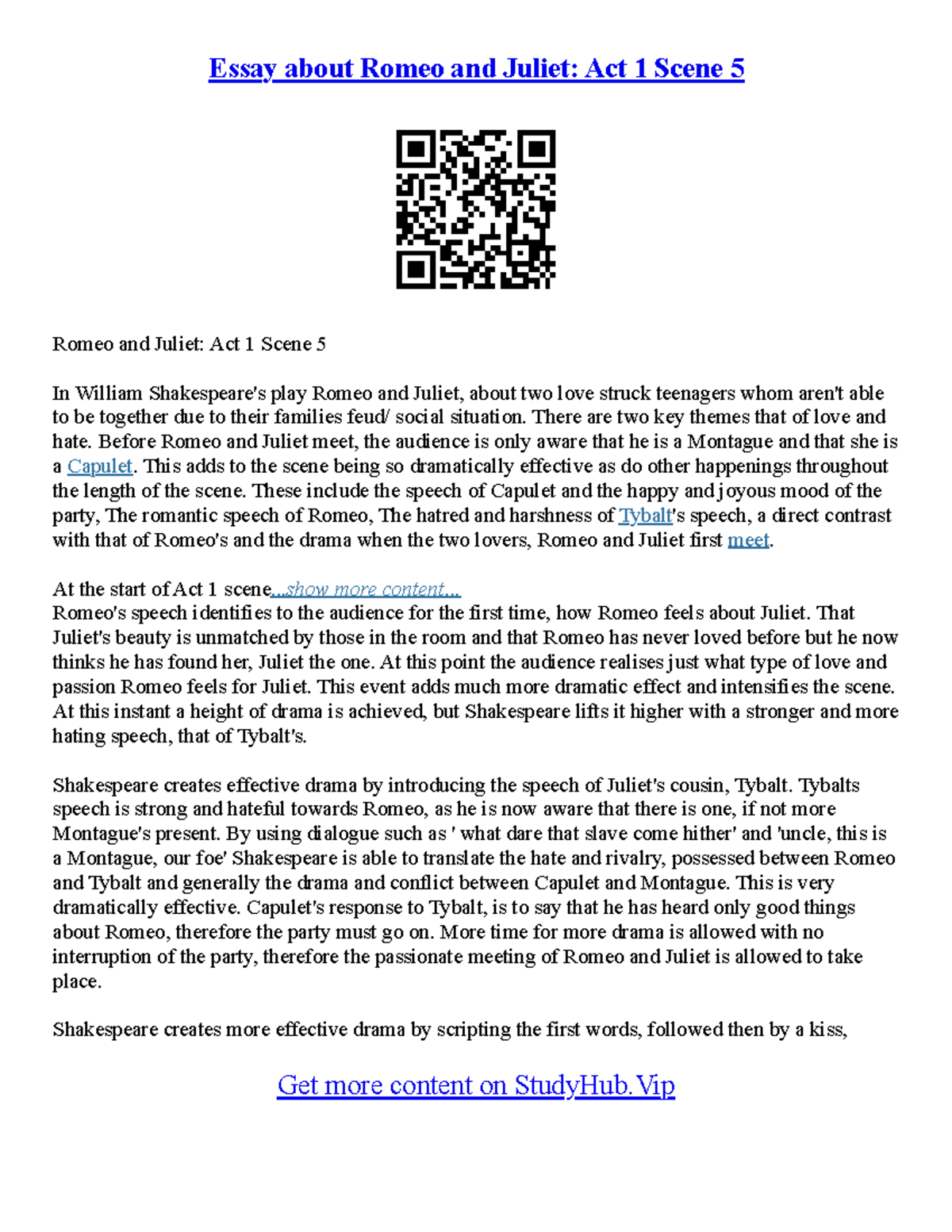 Essay Topics Romeo And Juliet - Essay about Romeo and Juliet: Act 1 ...