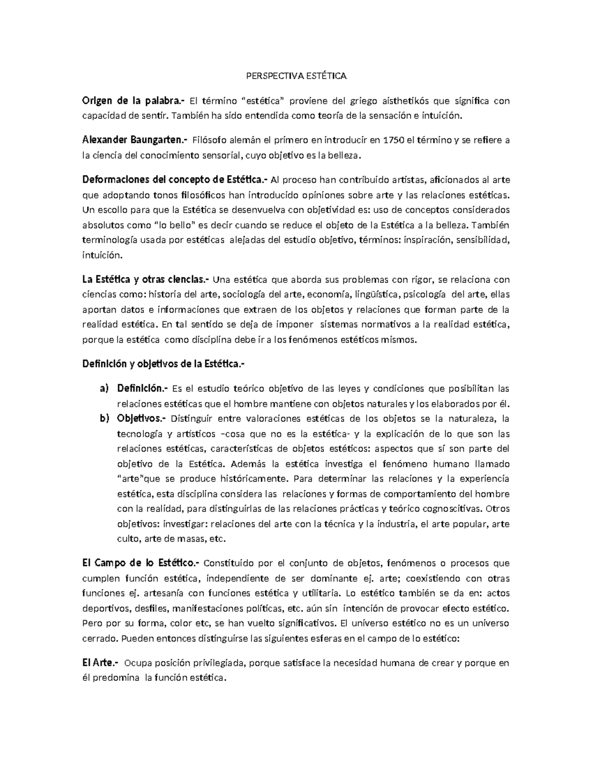 Perspectiva Estética. LA Estética Y Otras CS. DEF. Y Objetivos ...