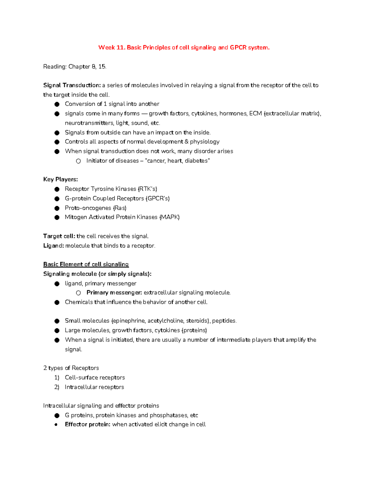 Lecture Note Week 11 - Week 11. Basic Principles of cell signaling and GPCR system. Reading ...