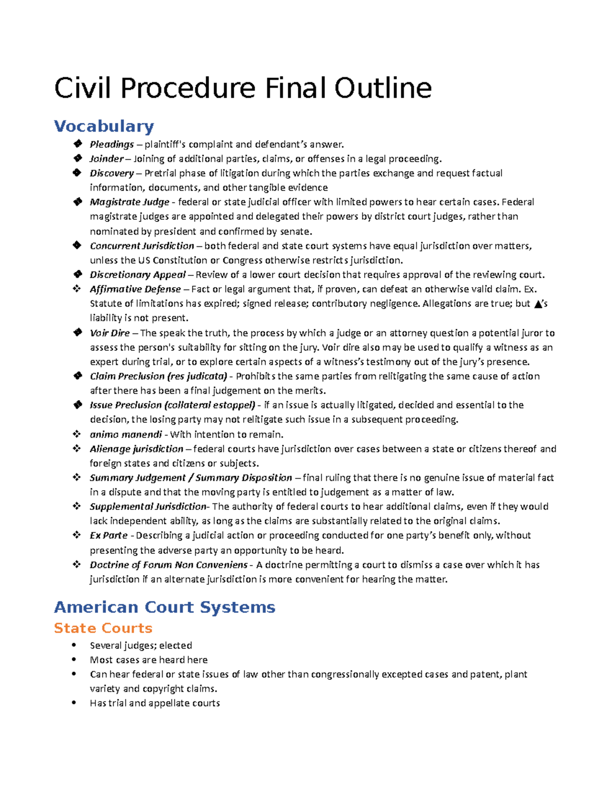 Civ Pro Condensed Notes - Civil Procedure Final Outline Vocabulary ...