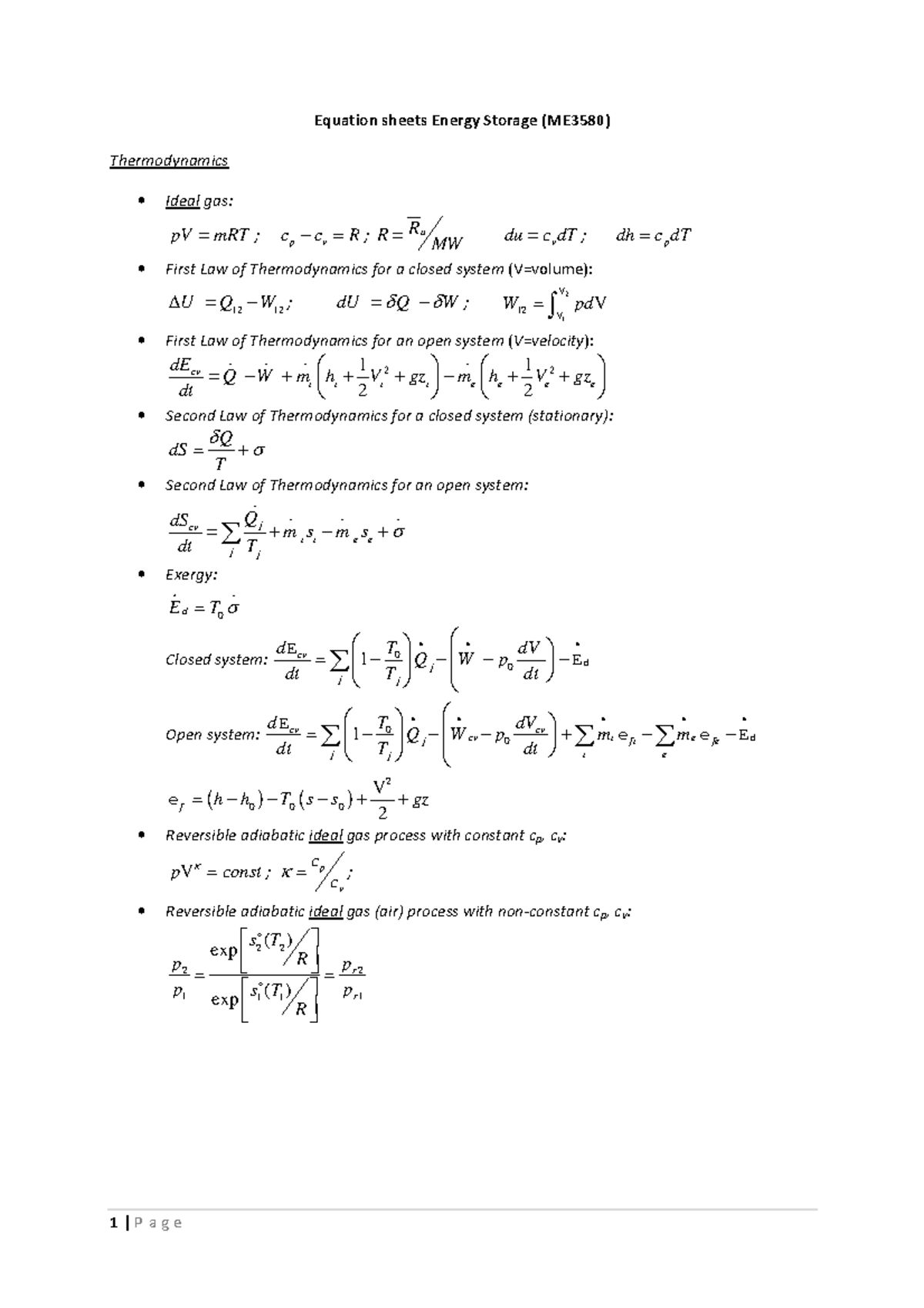 Equation-sheet Energy Storage Final - TU Delft - Studeersnel