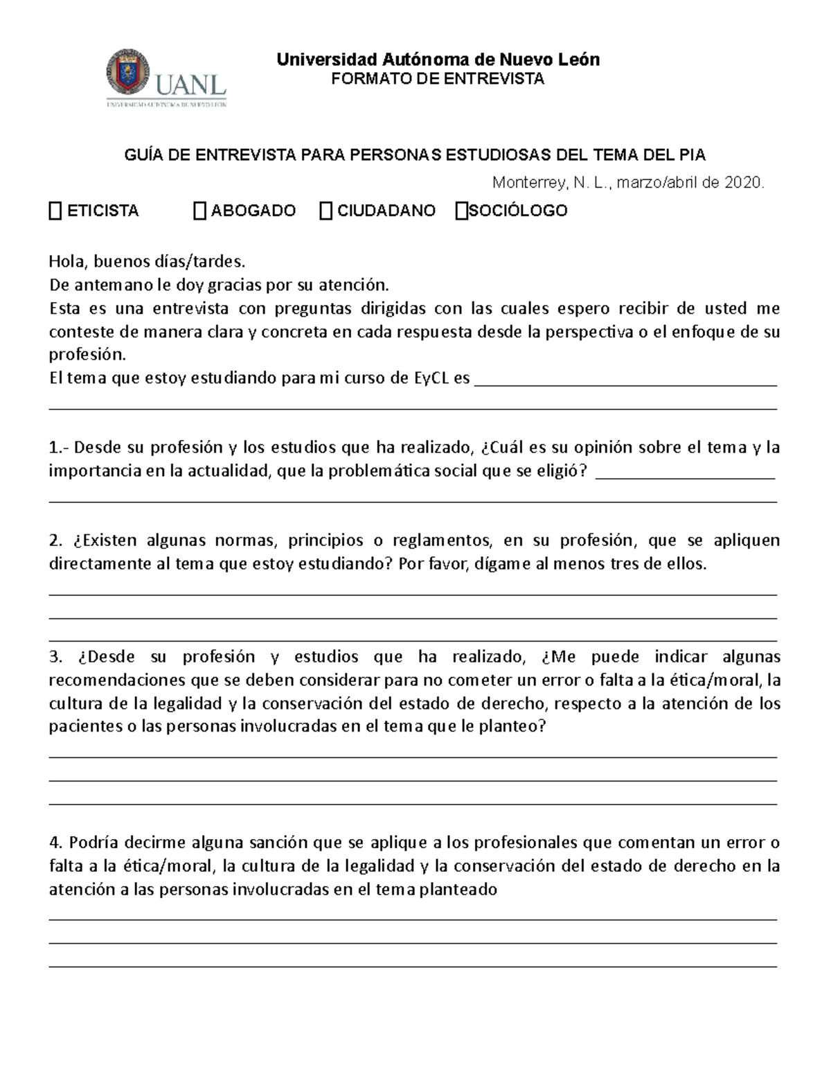 GUÍA DE Entrevistas A Estudiosos Ey CL - Universidad Autónoma de Nuevo ...