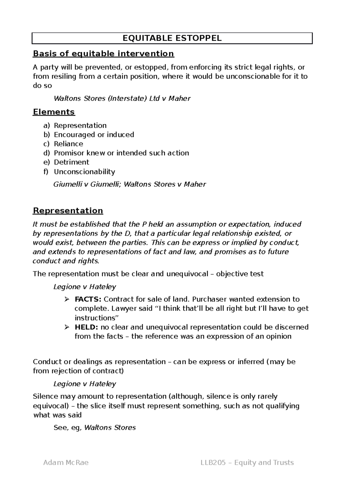 5.0 Unconscionability - EQUITABLE ESTOPPEL Basis of equitable ...