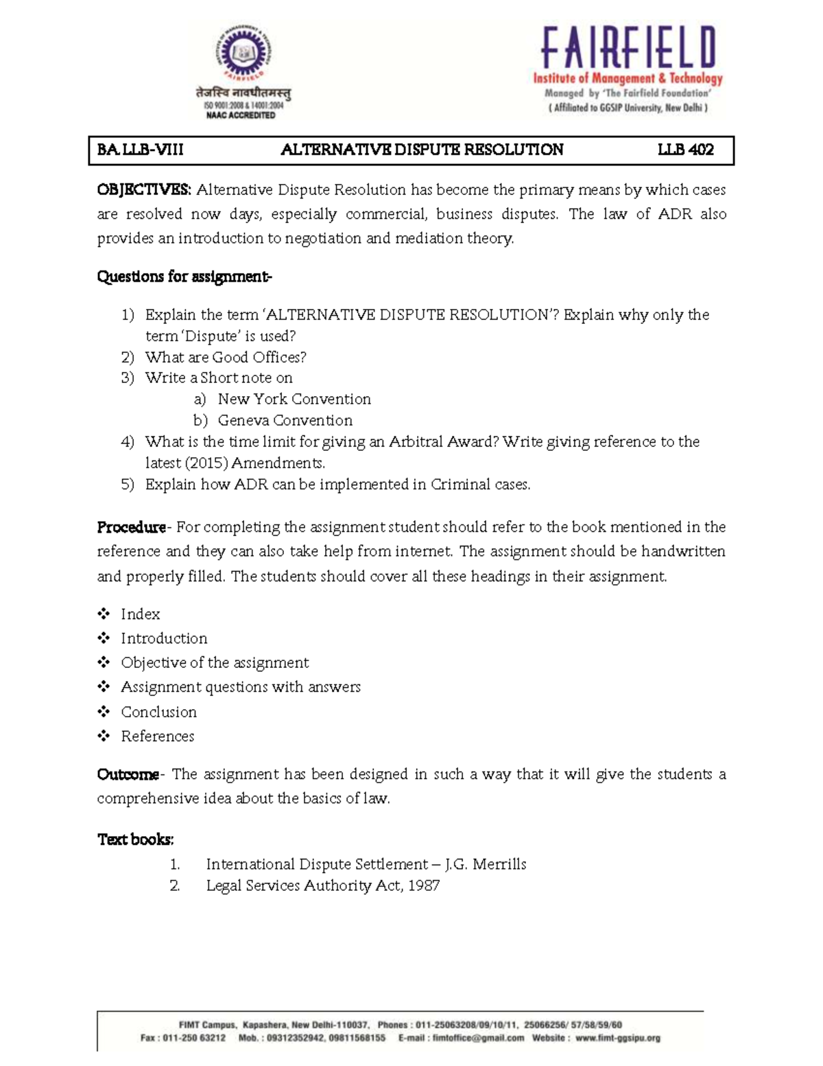 ADR Questions - Law notes - BA-VIII ALTERNATIVE DISPUTE RESOLUTION LLB ...