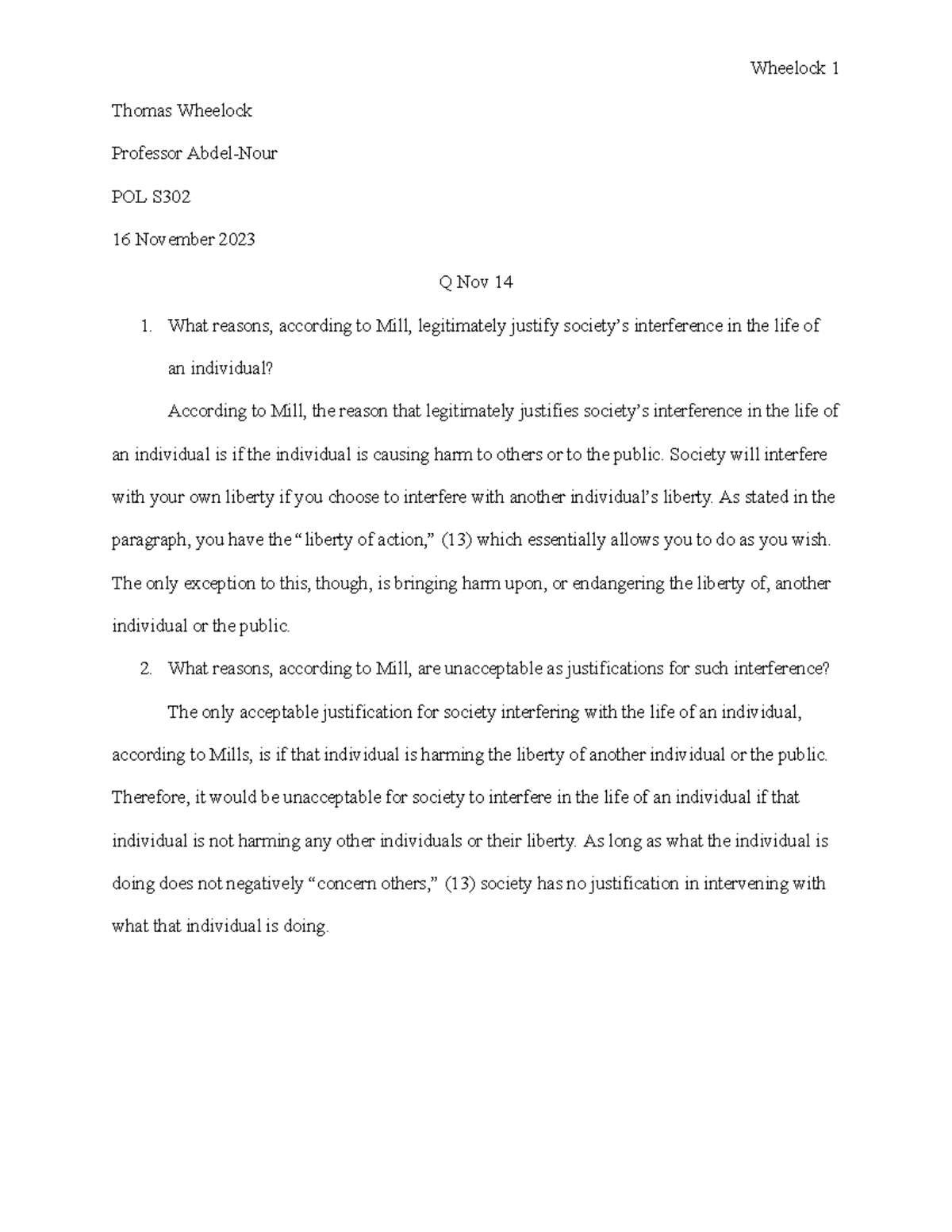 POL S Question in Class - Wheelock 1 Thomas Wheelock Professor Abdel ...