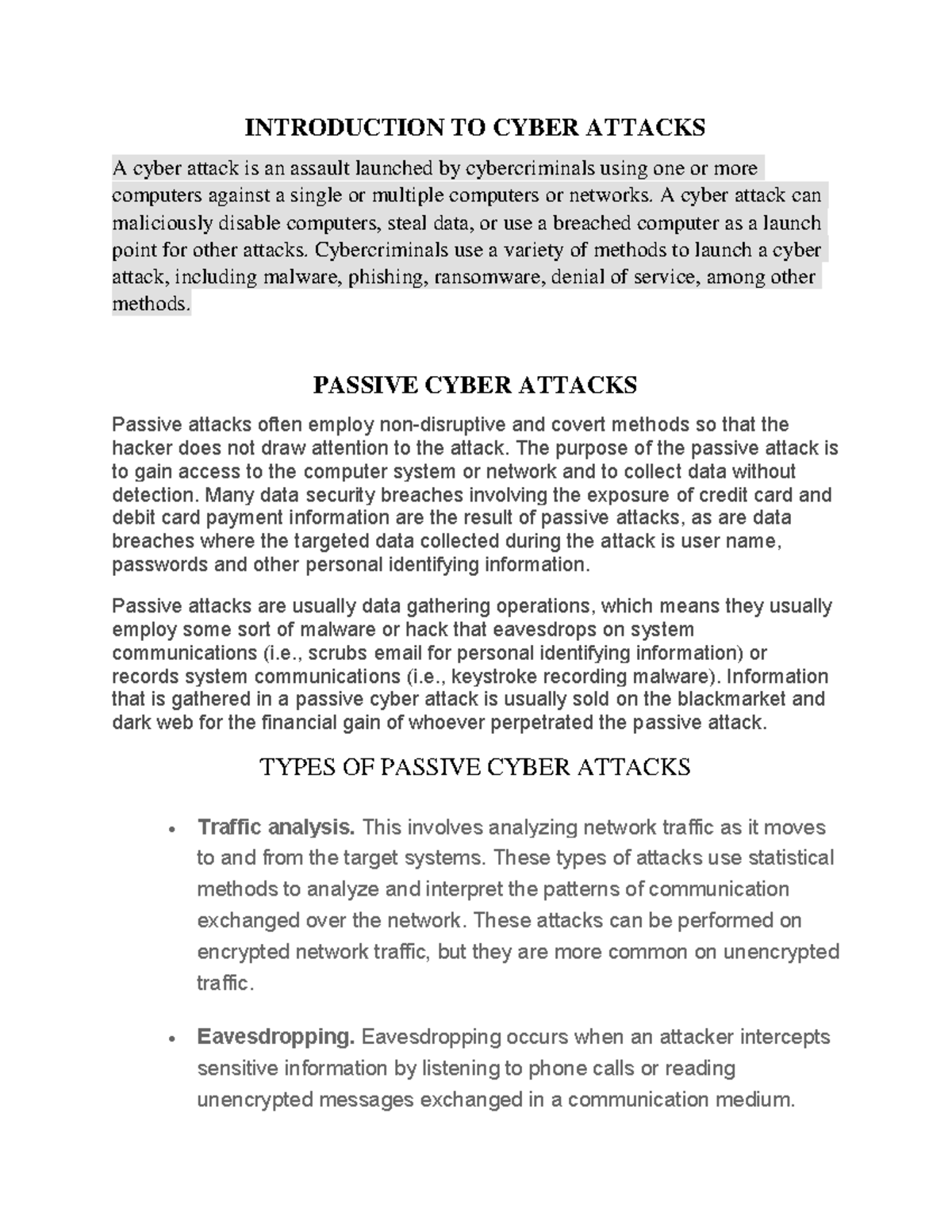 UNIT III - notes - INTRODUCTION TO CYBER ATTACKS A cyber attack is an ...