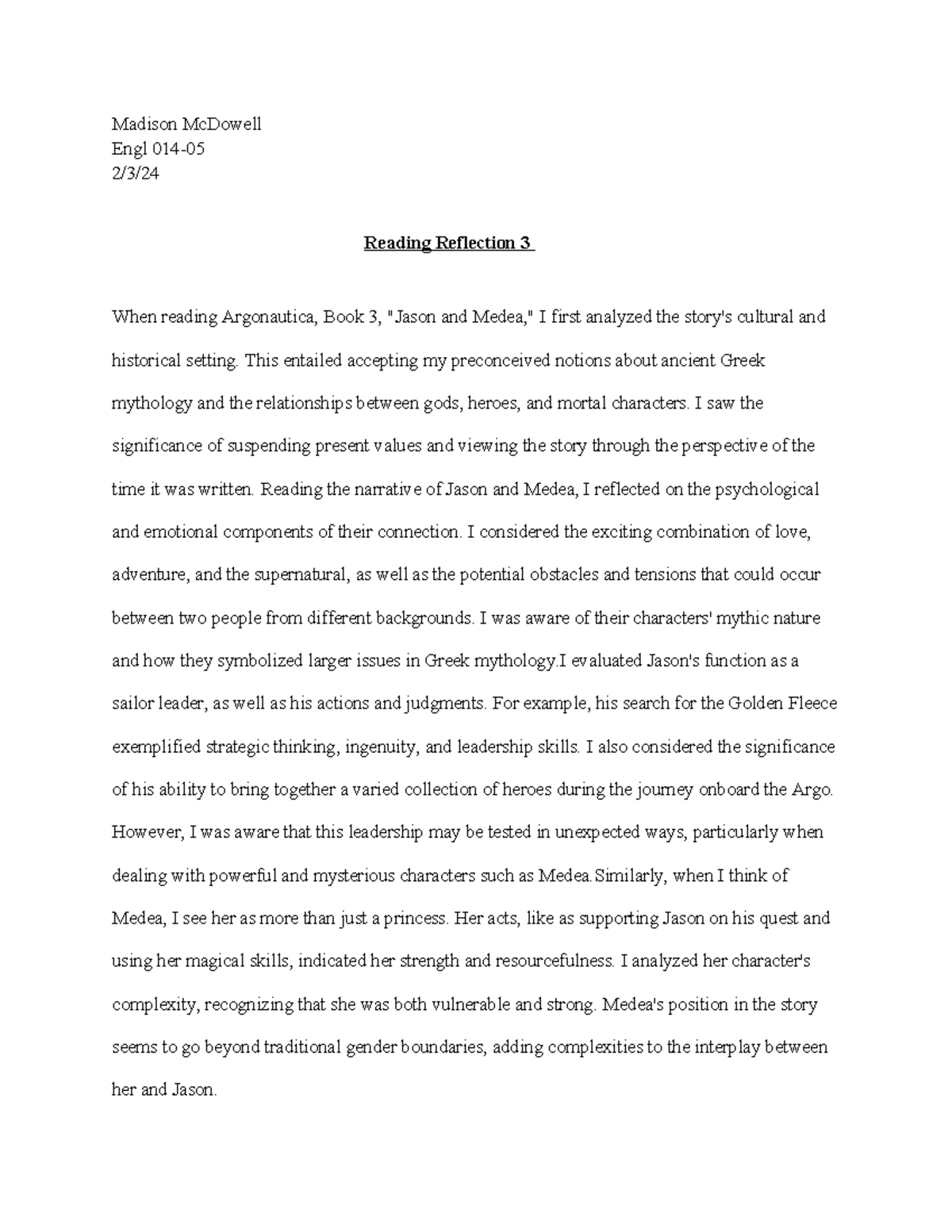 Reading reflection 3 - greek mythology - Madison McDowell Engl 014- 2/3 ...